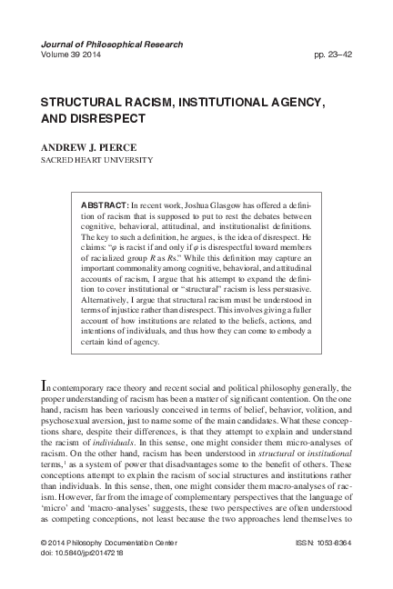 (PDF) STRUCTURAL RACISM, INSTITUTIONAL AGENCY, AND DISRESPECT