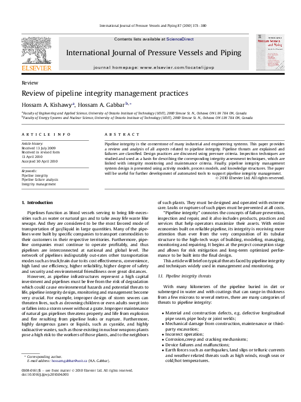 (PDF) Review of pipeline integrity management practices