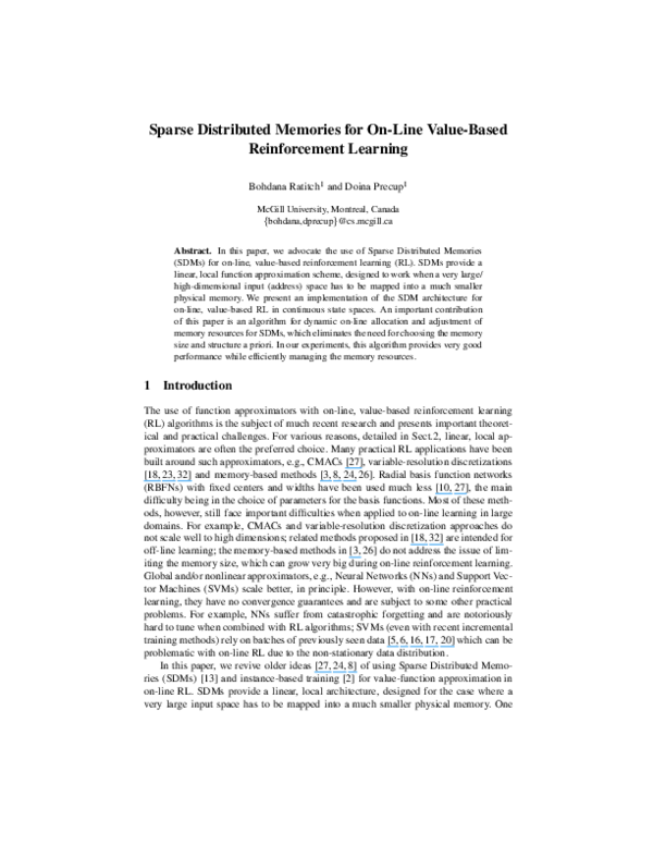 Pdf Sparse Distributed Memories For On Line Value Based Reinforcement Learning
