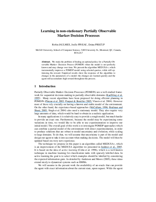 Pdf Learning In Non Stationary Partially Observable Markov Decision Processes