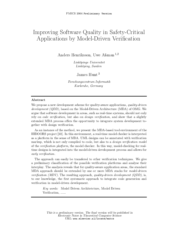 Pdf Improving Software Quality In Safety Critical Applications By Model Driven Verification