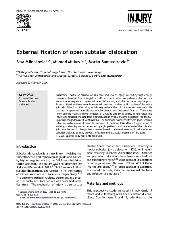 (PDF) External fixation of open subtalar dislocation
