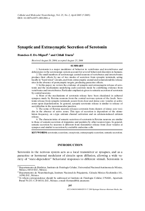 (PDF) Synaptic and Extrasynaptic Secretion of Serotonin