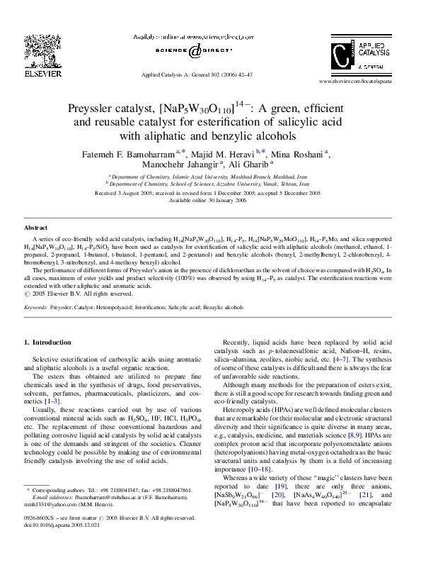 (PDF) Preyssler catalyst, [NaP 5W 30O 110] 14−: A green, efficient and ...