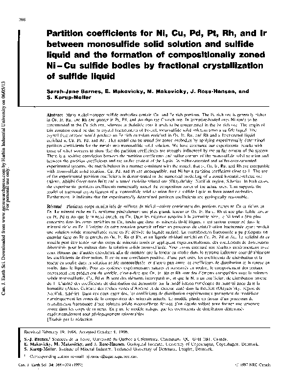 (PDF) Partition coefficients for Ni, Cu, Pd, Pt, Rh, and Ir between ...