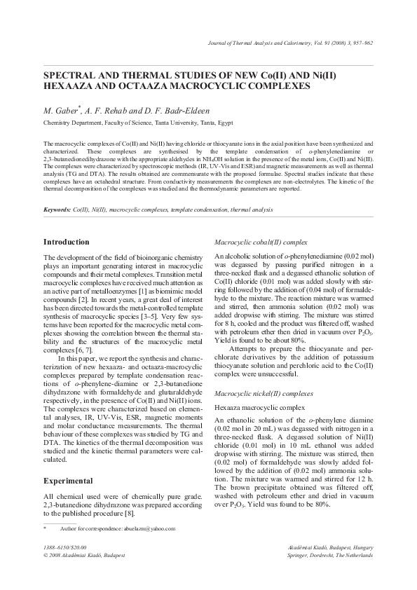 (PDF) Spectral and thermal studies of new Co(II) and Ni(II) hexaaza and octaaza macrocyclic ...