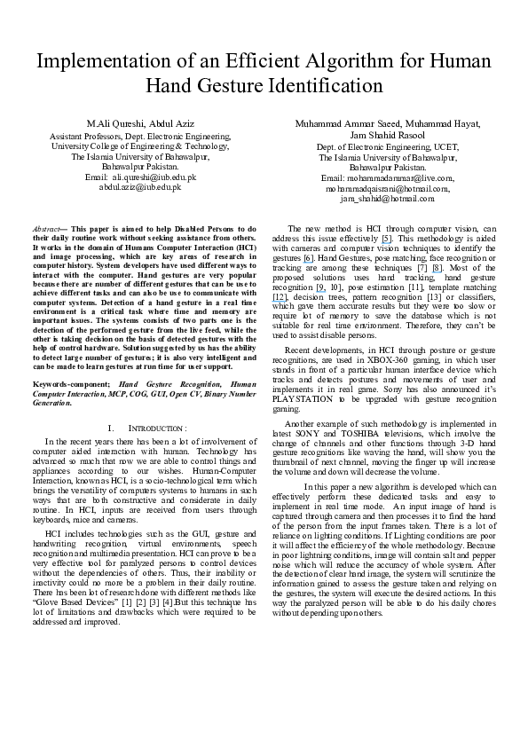 (PDF) Implementation of an efficient algorithm for Human hand gesture identification