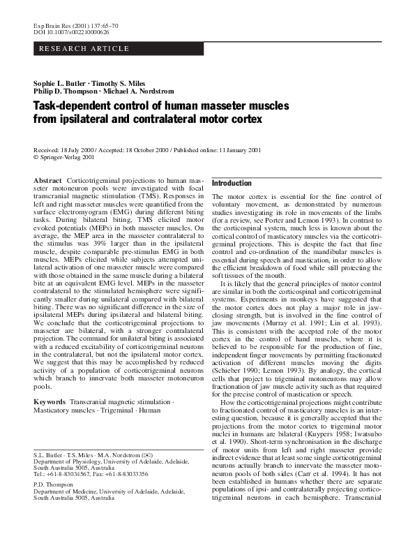 (PDF) Task-dependent control of human masseter muscles from ipsilateral ...