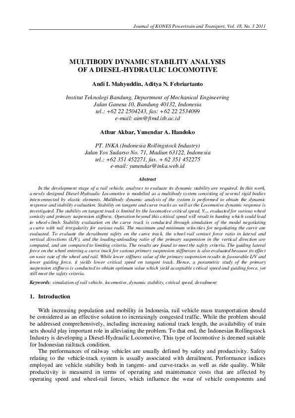 (PDF) Multibody Dynamic Stability Analysis of a Diesel-Hydraulic Locomotive