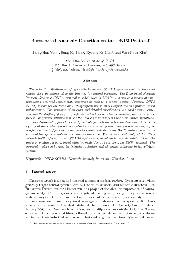 (PDF) Burst-based Anomaly Detection on the DNP3 Protocol | Jeong-Han Yun - Academia.edu