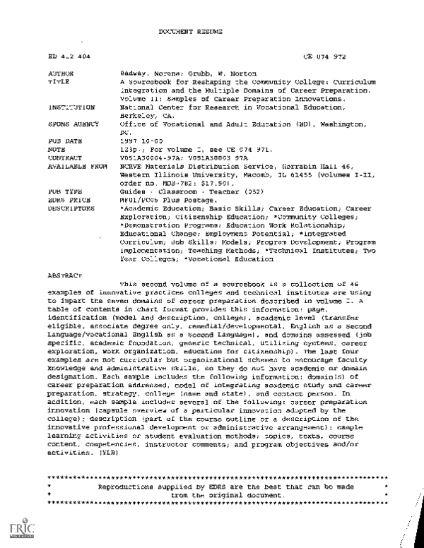 (PDF) A sourcebook for reshaping the community college: curriculum ...