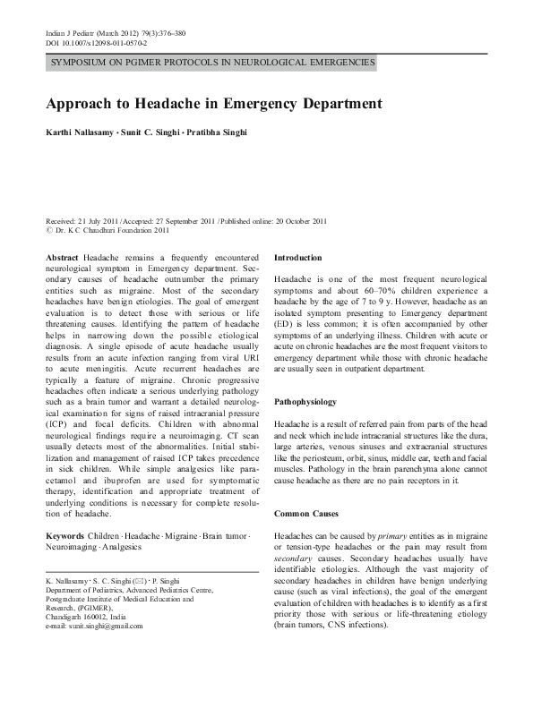 (PDF) Approach to Headache in Emergency Department
