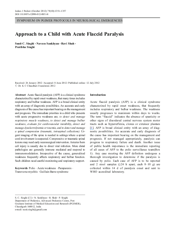 (PDF) Approach to a Child with Acute Flaccid Paralysis