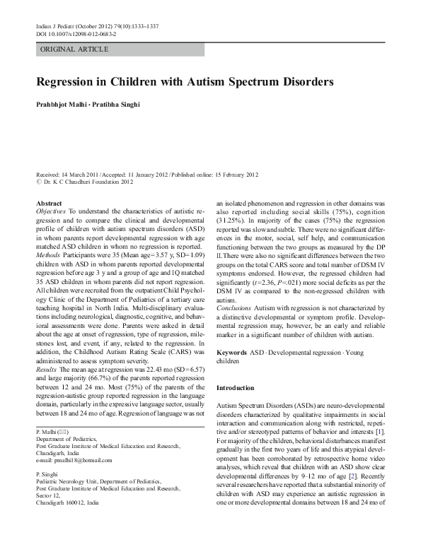 (PDF) Regression in children with autism spectrum disorders