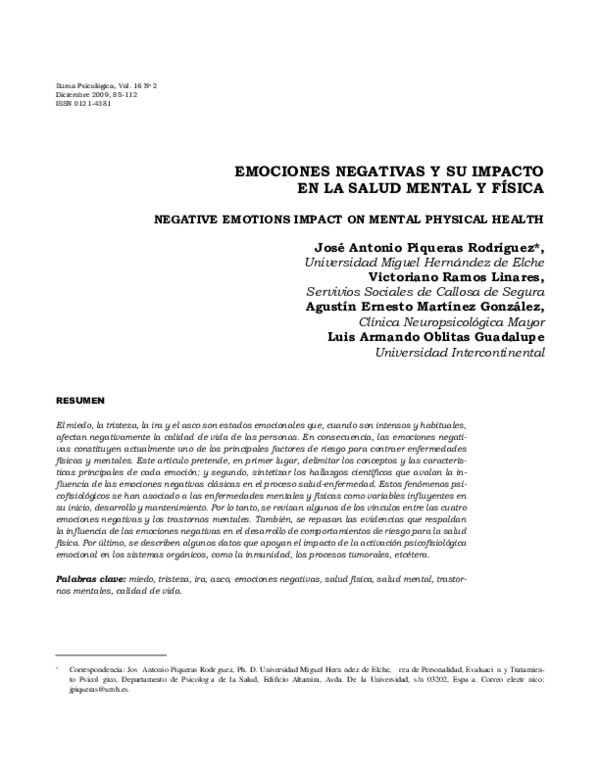 (PDF) Negative emotions impact on mental physical health