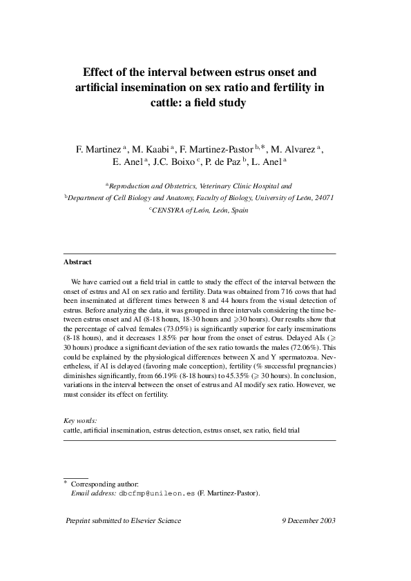 (PDF) Effect of the interval between estrus onset and artificial insemination on sex ratio and ...