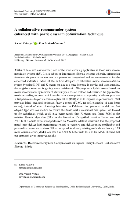 (PDF) A collaborative recommender system enhanced with particle swarm optimization technique