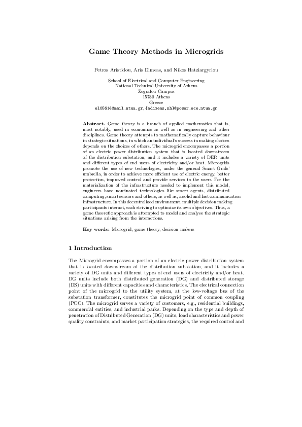 (PDF) Microgrid Modelling and Analysis Using Game Theory Methods