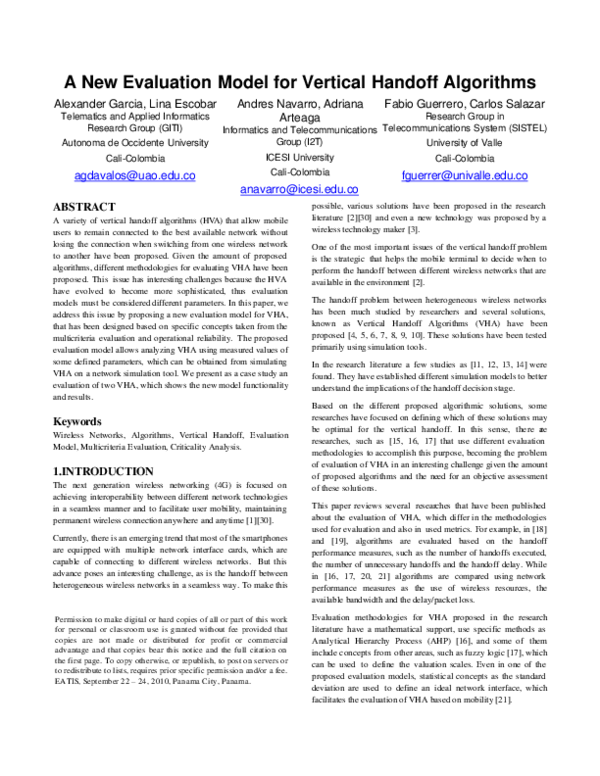 (PDF) A New Evaluation Model for Vertical Handoff Algorithms