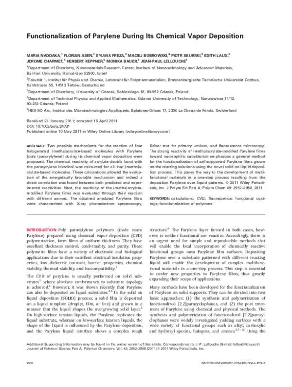 (PDF) Functionalization of parylene during its chemical vapor deposition