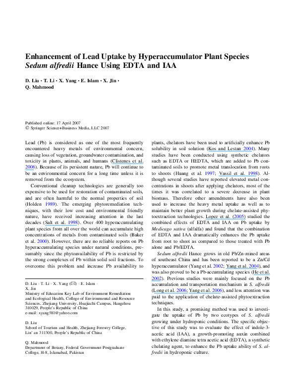 (PDF) Enhancement of Lead Uptake by Hyperaccumulator Plant Species ...