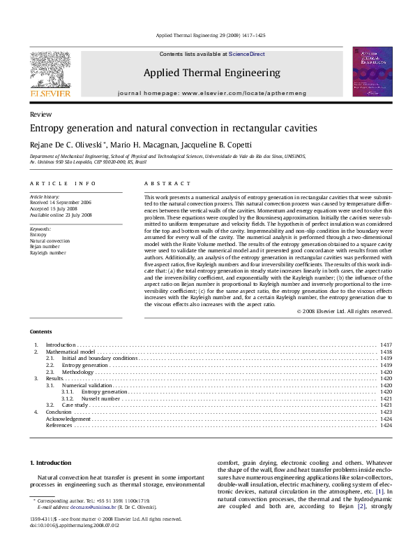 Pdf Entropy Generation And Natural Convection In Rectangular Cavities