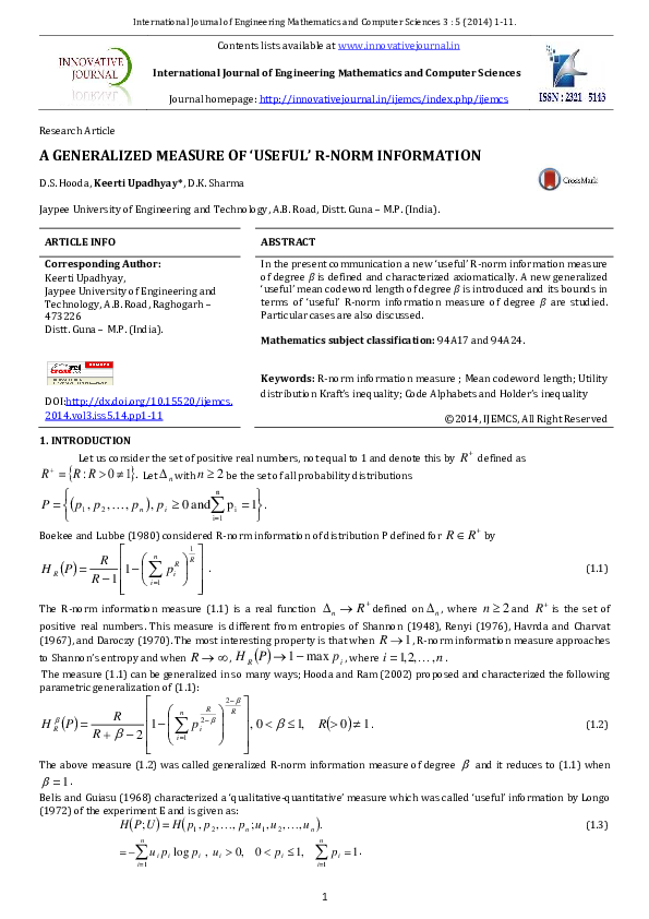 (PDF) A GENERALIZED MEASURE OF 'USEFUL' R-NORM INFORMATION