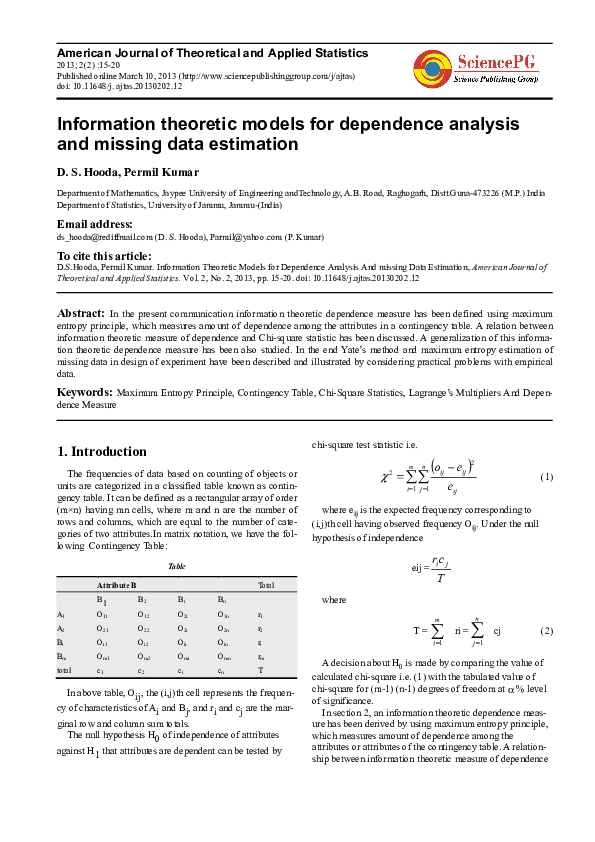 (PDF) Information Theoretic Models for Dependence Analysis And missing ...