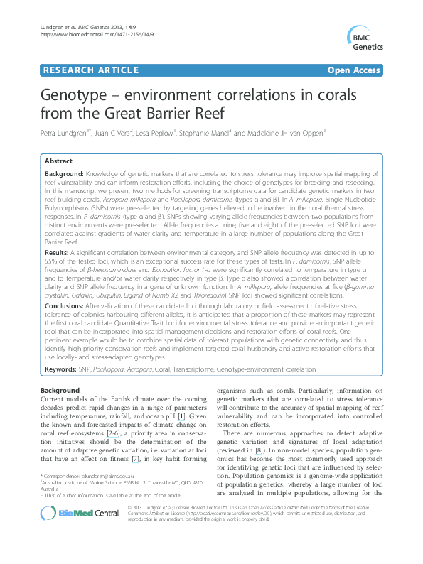 (PDF) Genotype – environment correlations in corals from the Great ...