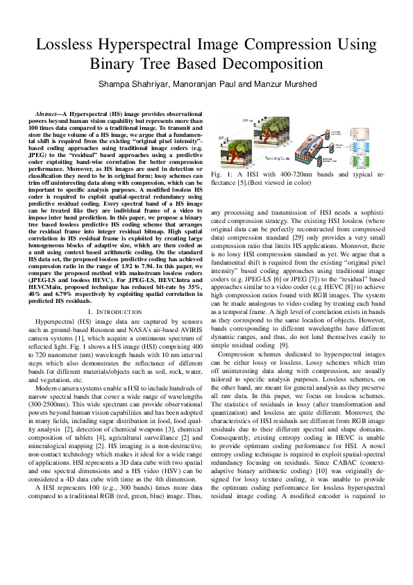 Pdf Lossless Hyperspectral Image Compression Using Binary Tree Based