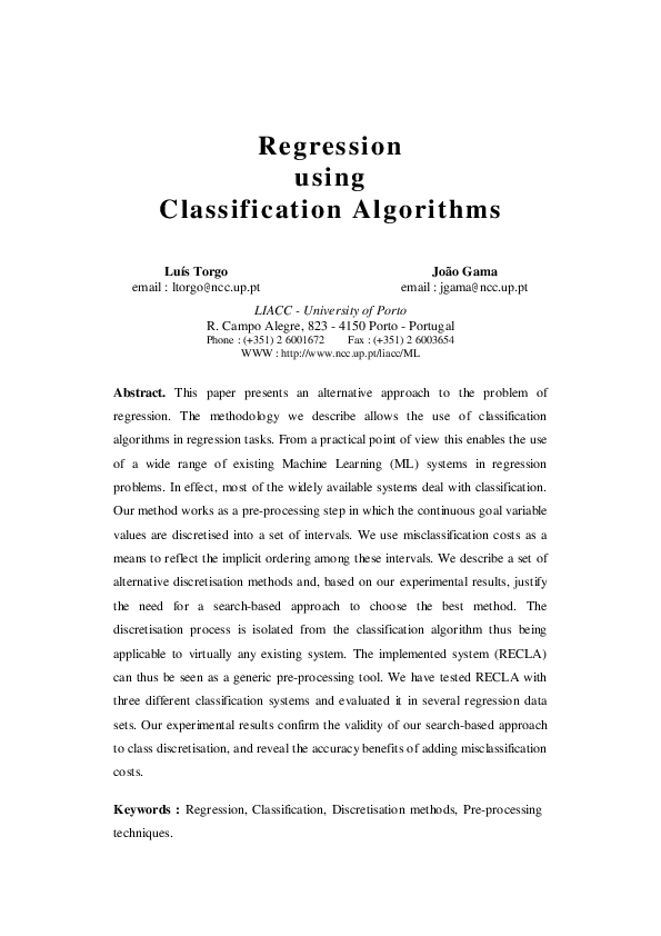 (PDF) Regression using Classification Algorithms