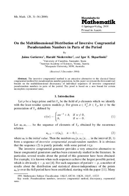 (PDF) On the Multidimensional Distribution of Inversive Congruential Pseudorandom Numbers in ...