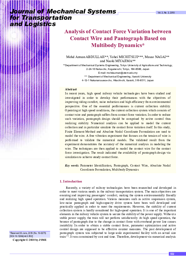 Pdf Analysis Of Contact Force Variation Between Contact Wire And Pantograph Based On Multibody