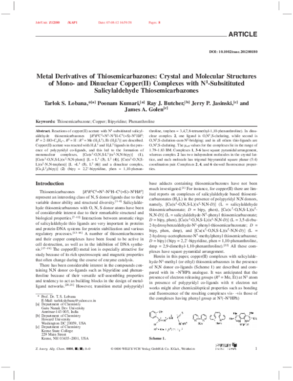 (PDF) Metal derivatives of thiosemicarbazones: crystal and molecular ...