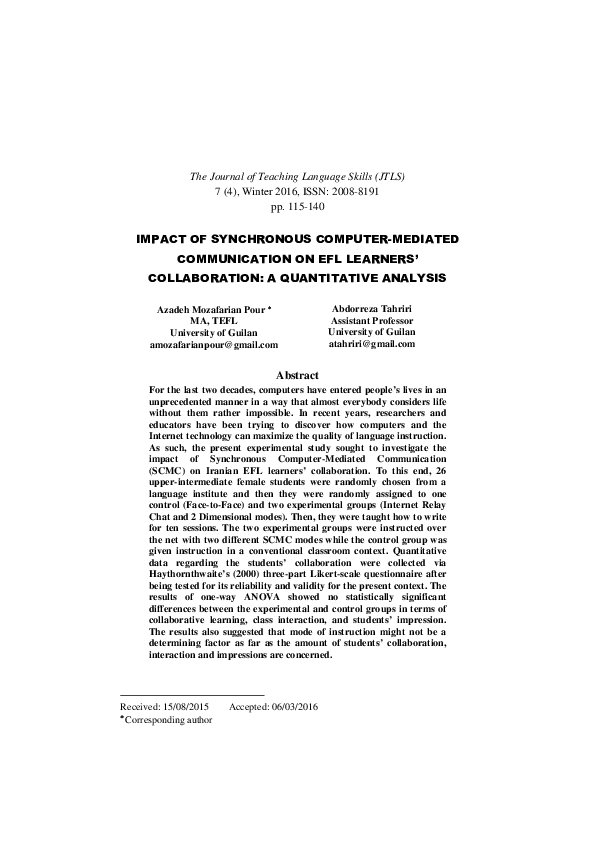 (PDF) IMPACT OF SYNCHRONOUS COMPUTER-MEDIATED COMMUNICATION ON EFL LEARNERS' COLLABORATION: A ...