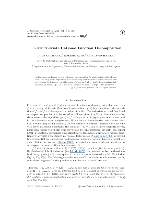 (PDF) On Multivariate Rational Function Decomposition