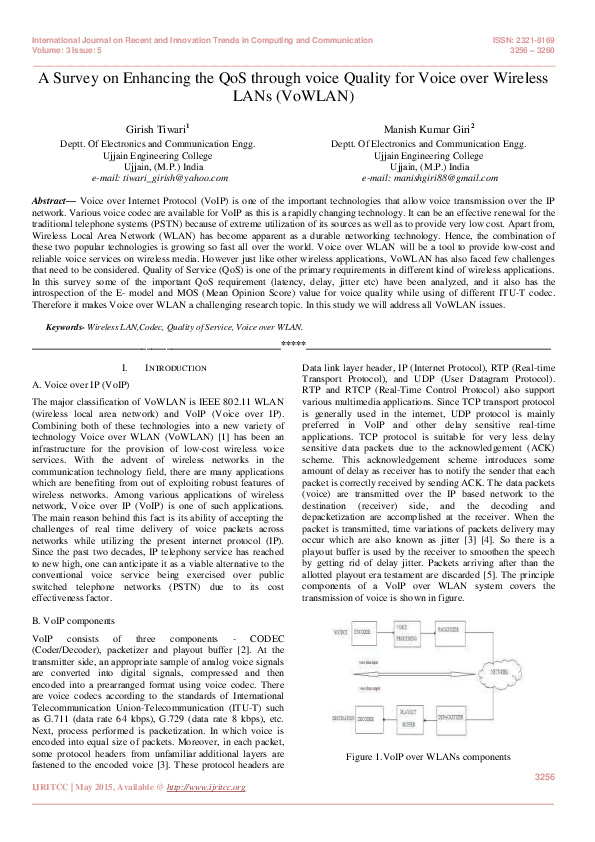 (PDF) A Survey on Enhancing the QoS through voice Quality for Voice over Wireless LANs (VoWLAN)