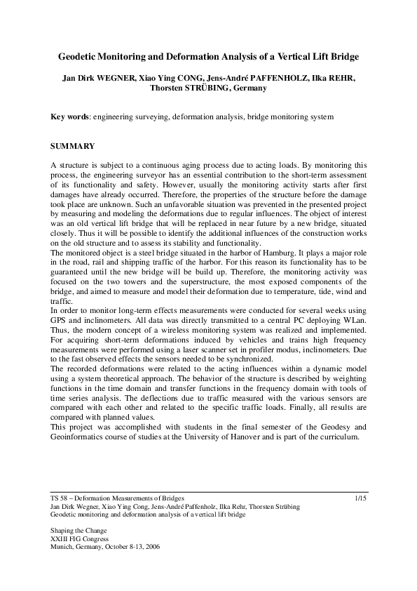 Pdf Geodetic Monitoring And Deformation Analysis Of A Vertical Lift Bridge