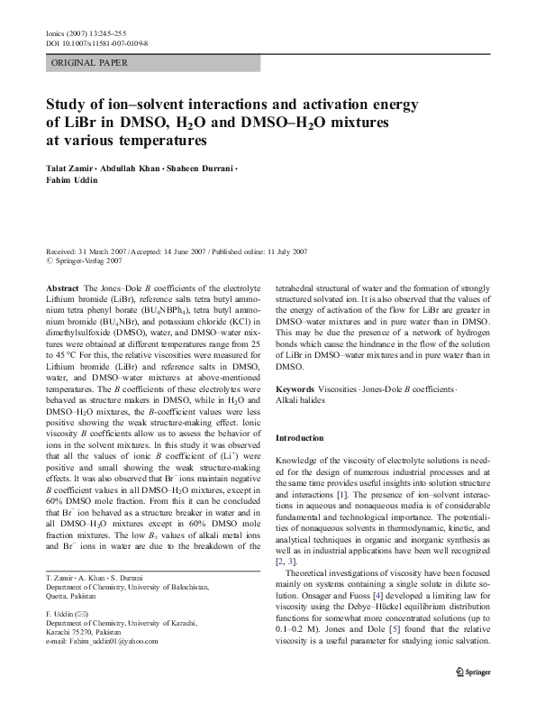 (PDF) Study of ion–solvent interactions and activation energy of LiBr ...