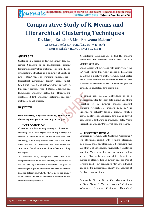 (PDF) Comparative Study of K-Means and Hierarchical Clustering Techniques