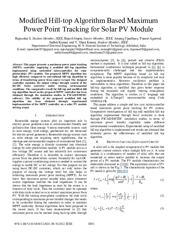 Pdf Modified Hill Top Algorithm Based Maximum Power Point Tracking For Solar Pv Module