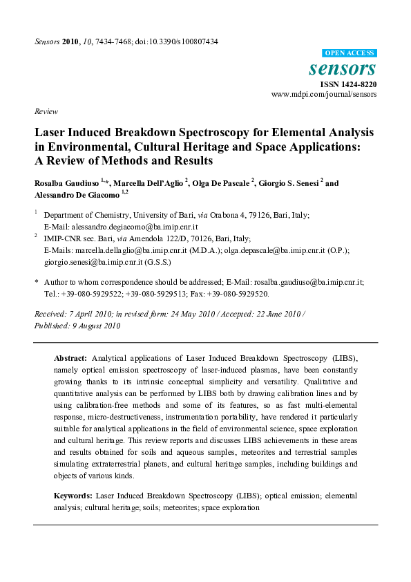 (PDF) Laser Induced Breakdown Spectroscopy for Elemental Analysis in Environmental, Cultural ...