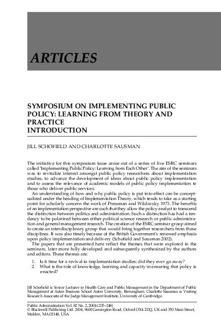 (PDF) Symposium on Implementing Public Policy: Learning from Theory and Practice. Introduction