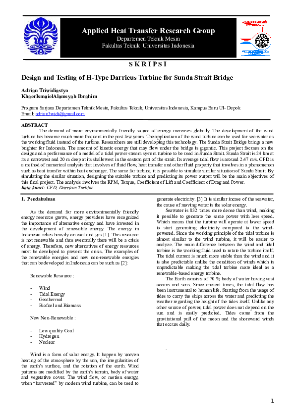 (DOC) Design and Testing of H-Type Darrieus Turbine for Sunda Strait Bridge