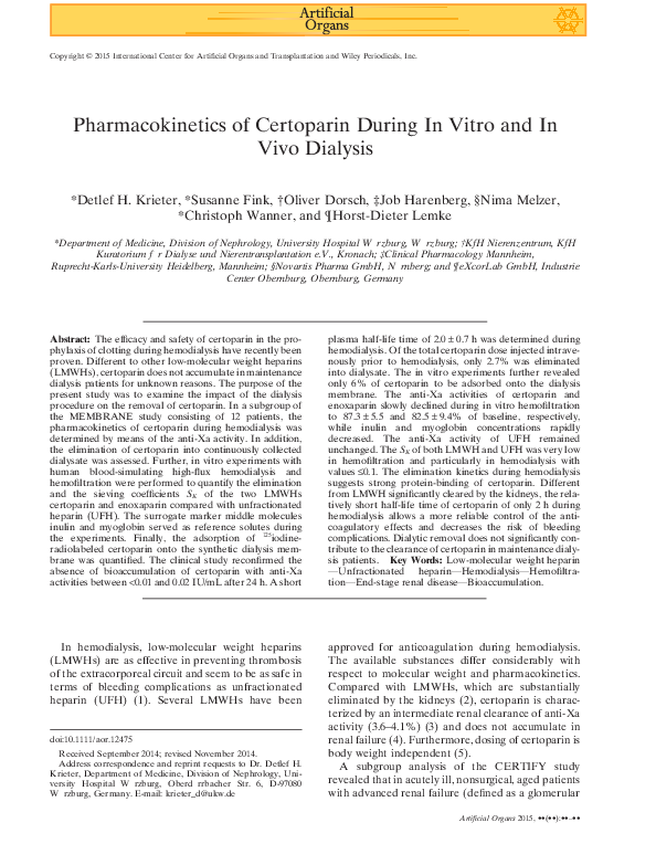 (PDF) Pharmacokinetics of Certoparin During In Vitro and In Vivo Dialysis