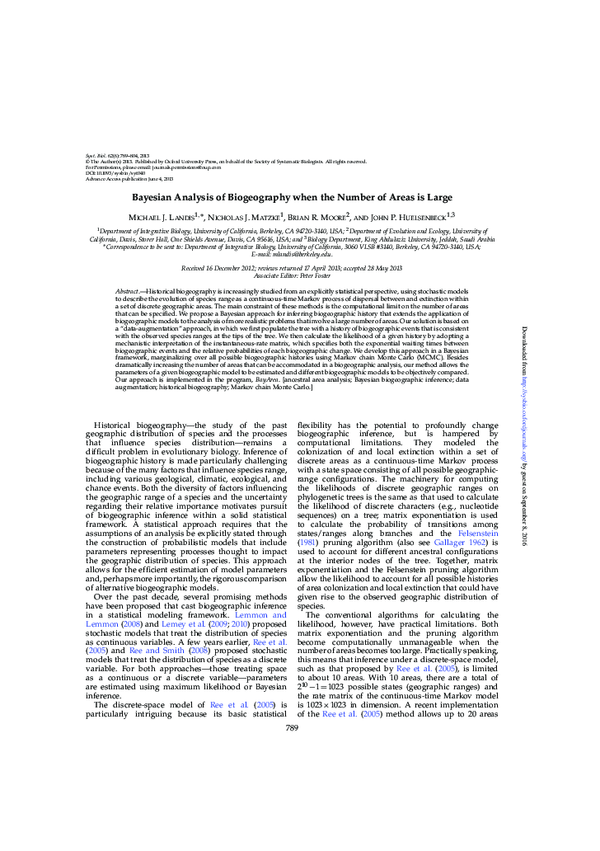 (PDF) Bayesian Analysis of Biogeography when the Number of Areas is Large