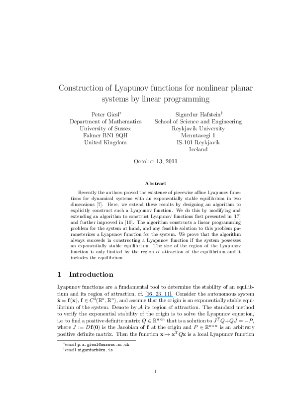 Pdf Construction Of Lyapunov Functions For Nonlinear Planar Systems By Linear Programming