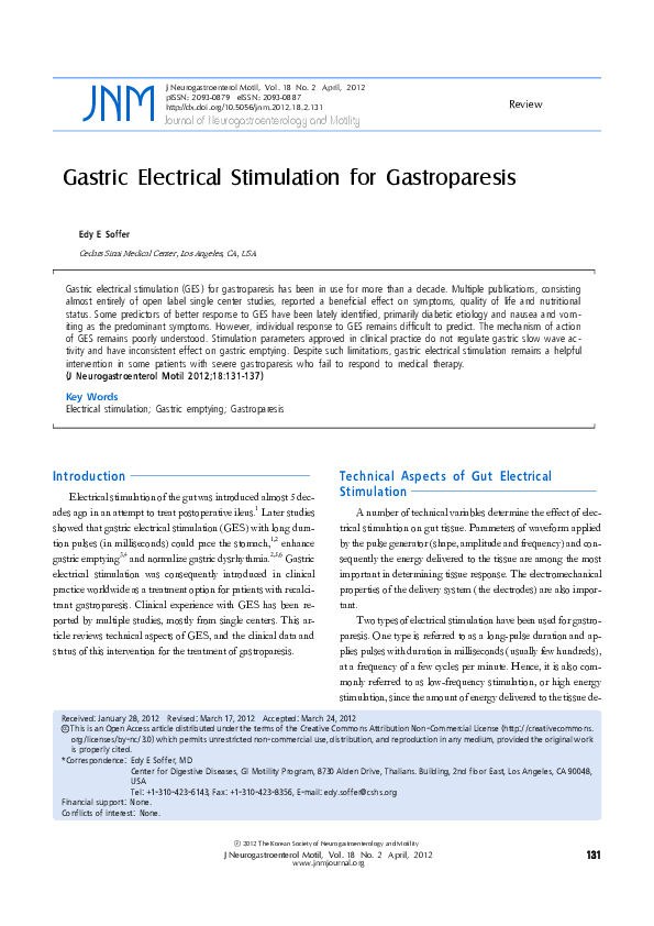 (PDF) Gastric Electrical Stimulation for Gastroparesis