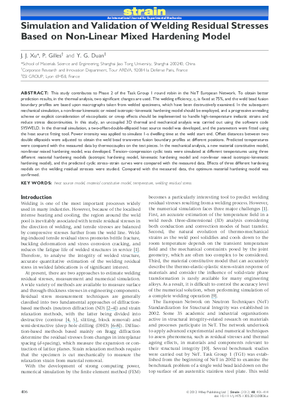 (PDF) Simulation and Validation of Welding Residual Stresses Based on Non-Linear Mixed Hardening ...