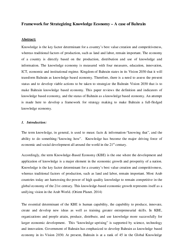 (PDF) Framework for Strategizing Knowledge Economy – A case of Bahrain